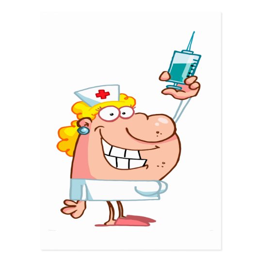 lustige Krankenschwester mit einem Spritze-Cartoon Postkarte | Zazzle.ch