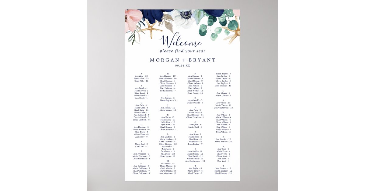 Moderne alphabetische Sitze mit nautischer Flora Poster | Zazzle.ch